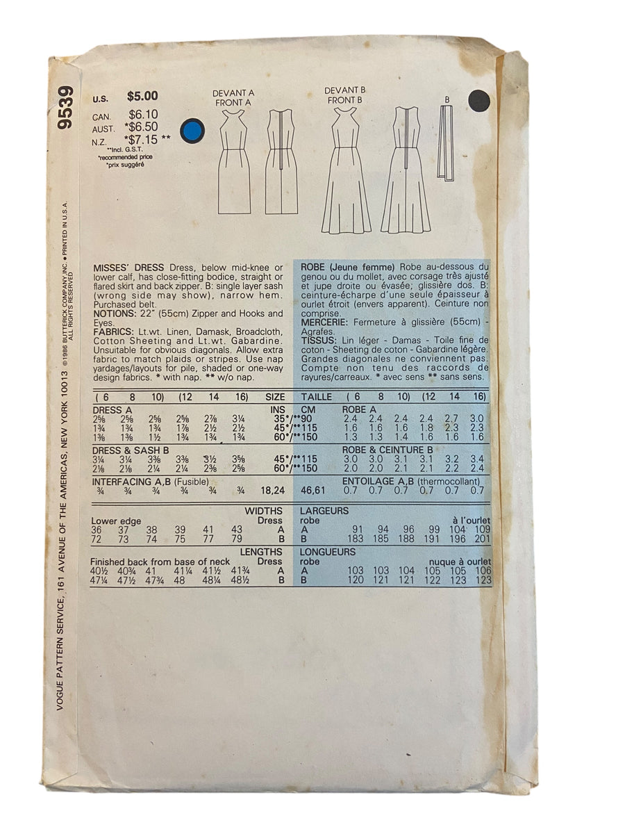 Very easy very vogue 9539 vintage 1980s dress sewing pattern Bust 30.5 ...