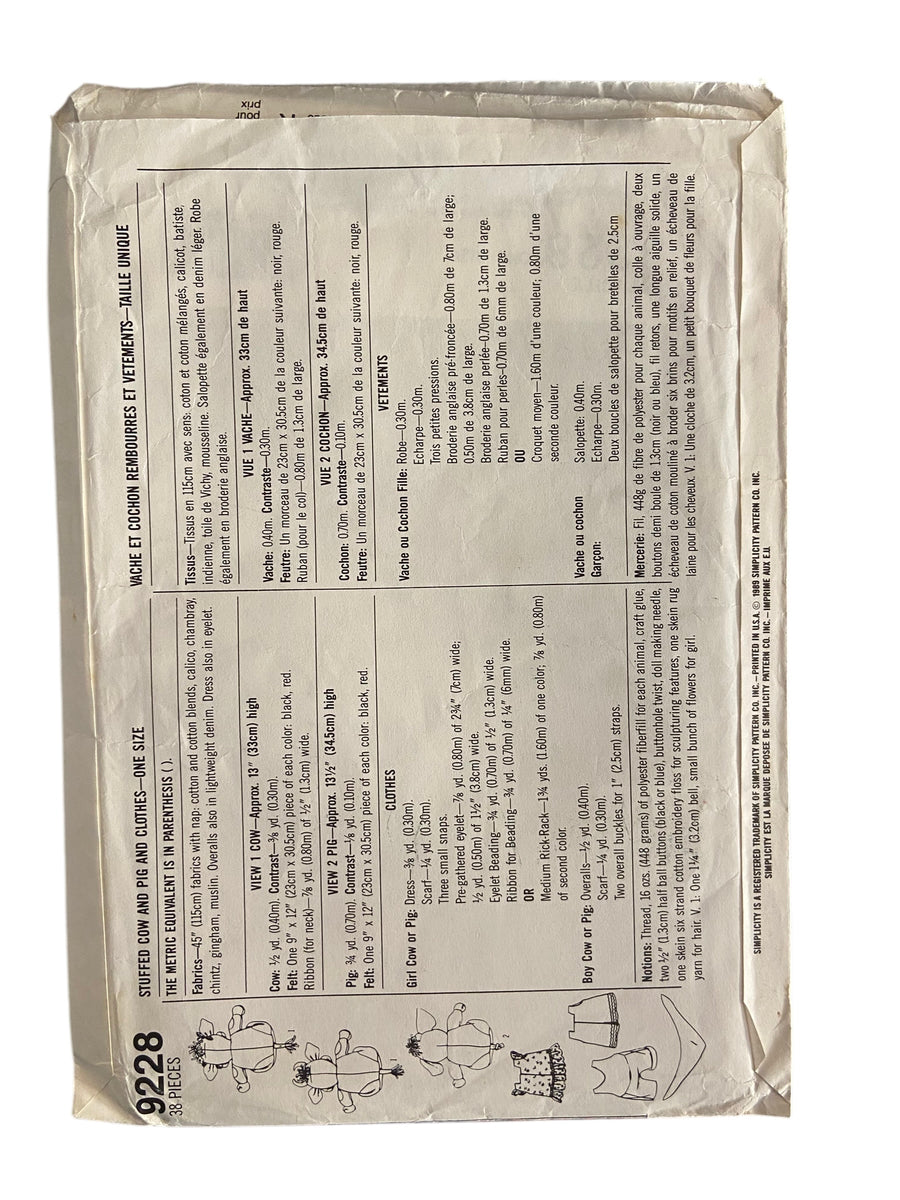 Simplicity 9228 vintage 1980s stuffed cow and pig and clothes craft se ...