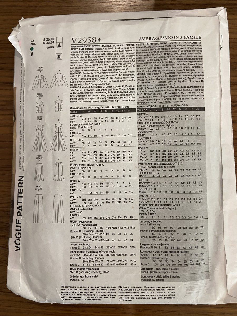Vogue V2958 Vogue Wardrobe jacket,bustier, dress, skirt and pants sewi ...