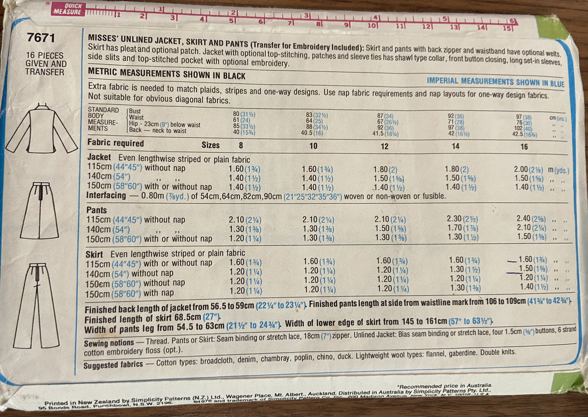 Simplicity 7671 vintage 1970s jacket skirt and pants pattern Bust 36 a ...