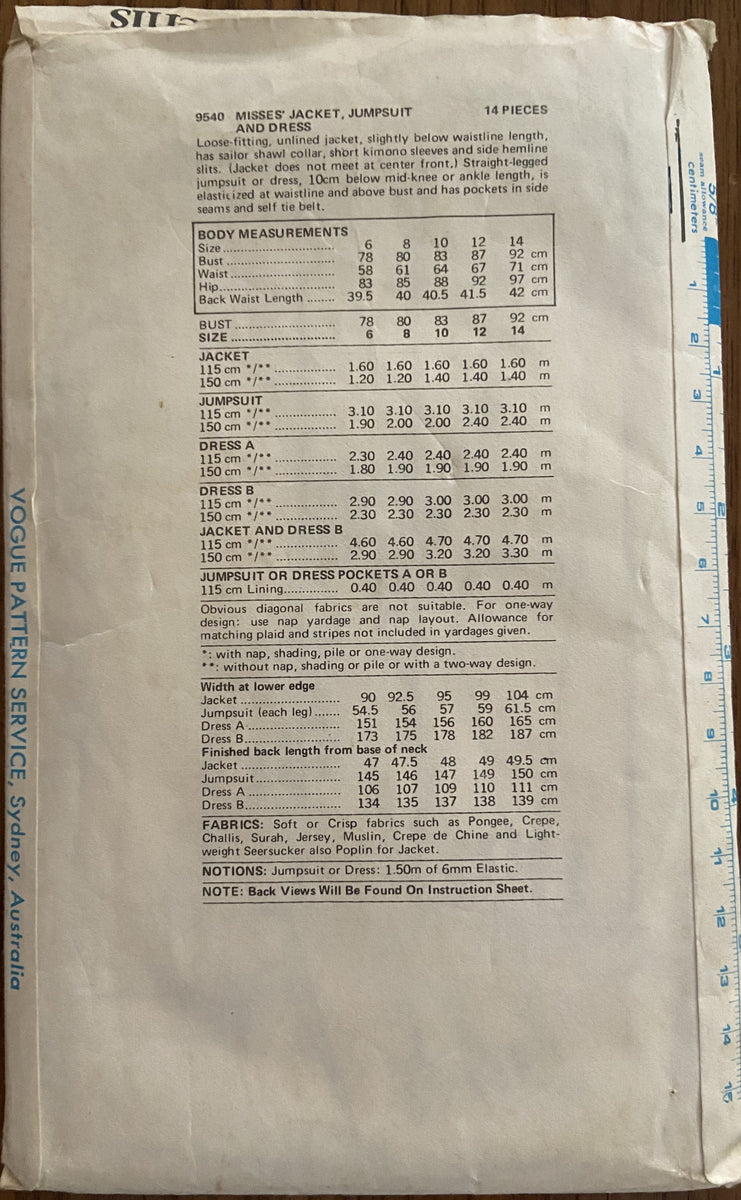 Vogue 9540 vintage 1970s jumpsuit dress and jacket pattern Bust 32 1/2 ...