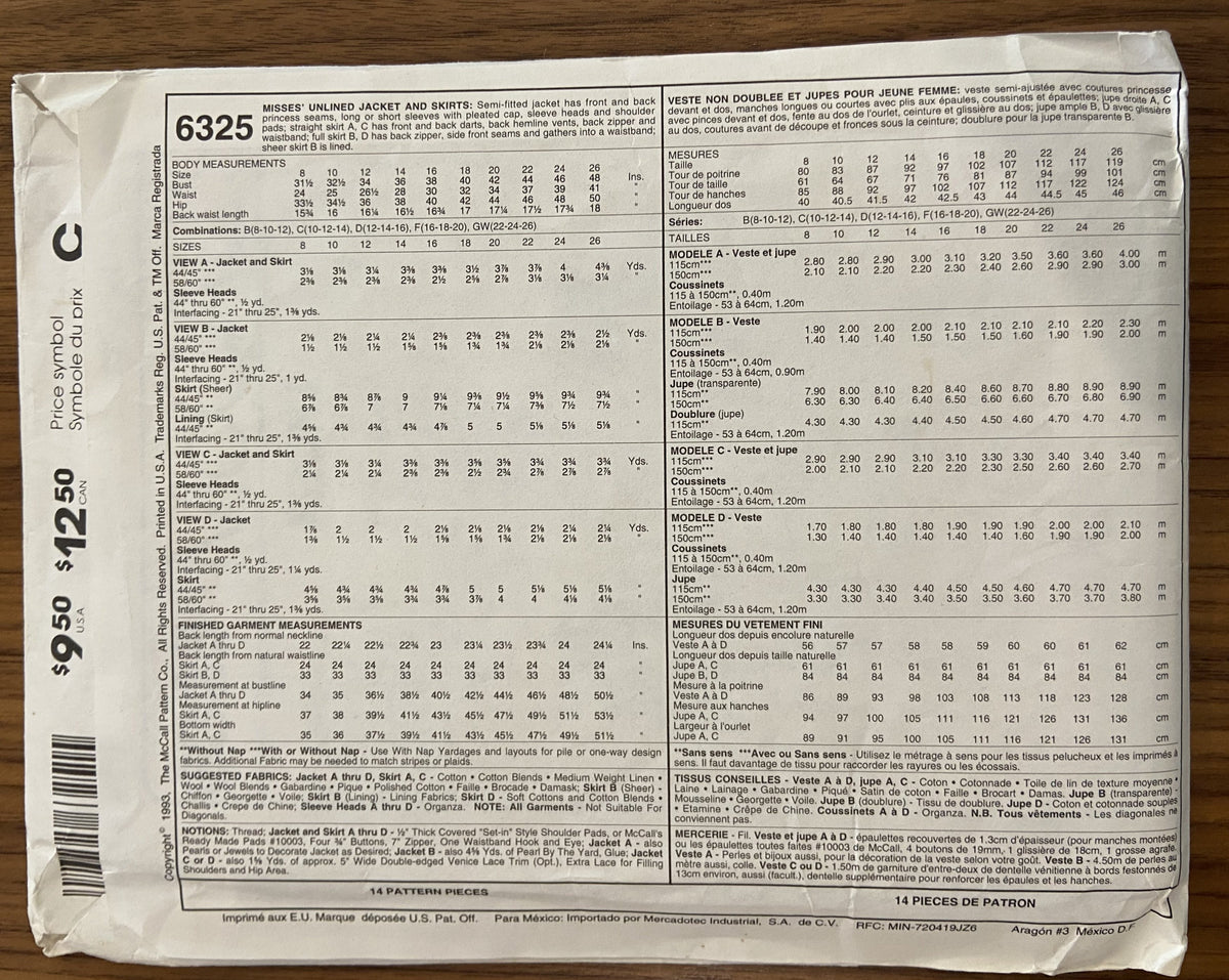 McCall's 6325 vintage 1990s unlined jacket and skirts sewing pattern ...