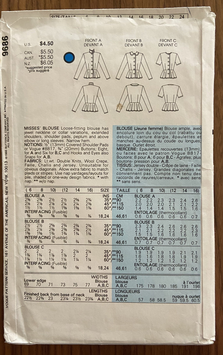 Vogue 9686 very easy vogue vintage 1980s peplum top sewing pattern Bus ...