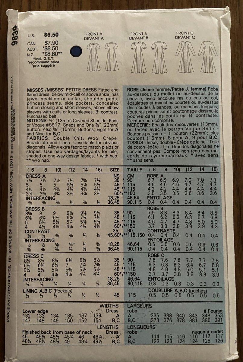 Vogue 9839 vintage 1980s dress sewing pattern Bust 30 1/2, 31 1/2, 32 ...