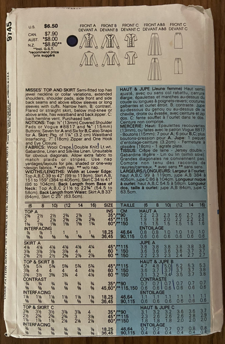 Vogue 9745 vintage 1980s skirt and top sewing pattern Bust 30 1/2, 31 ...