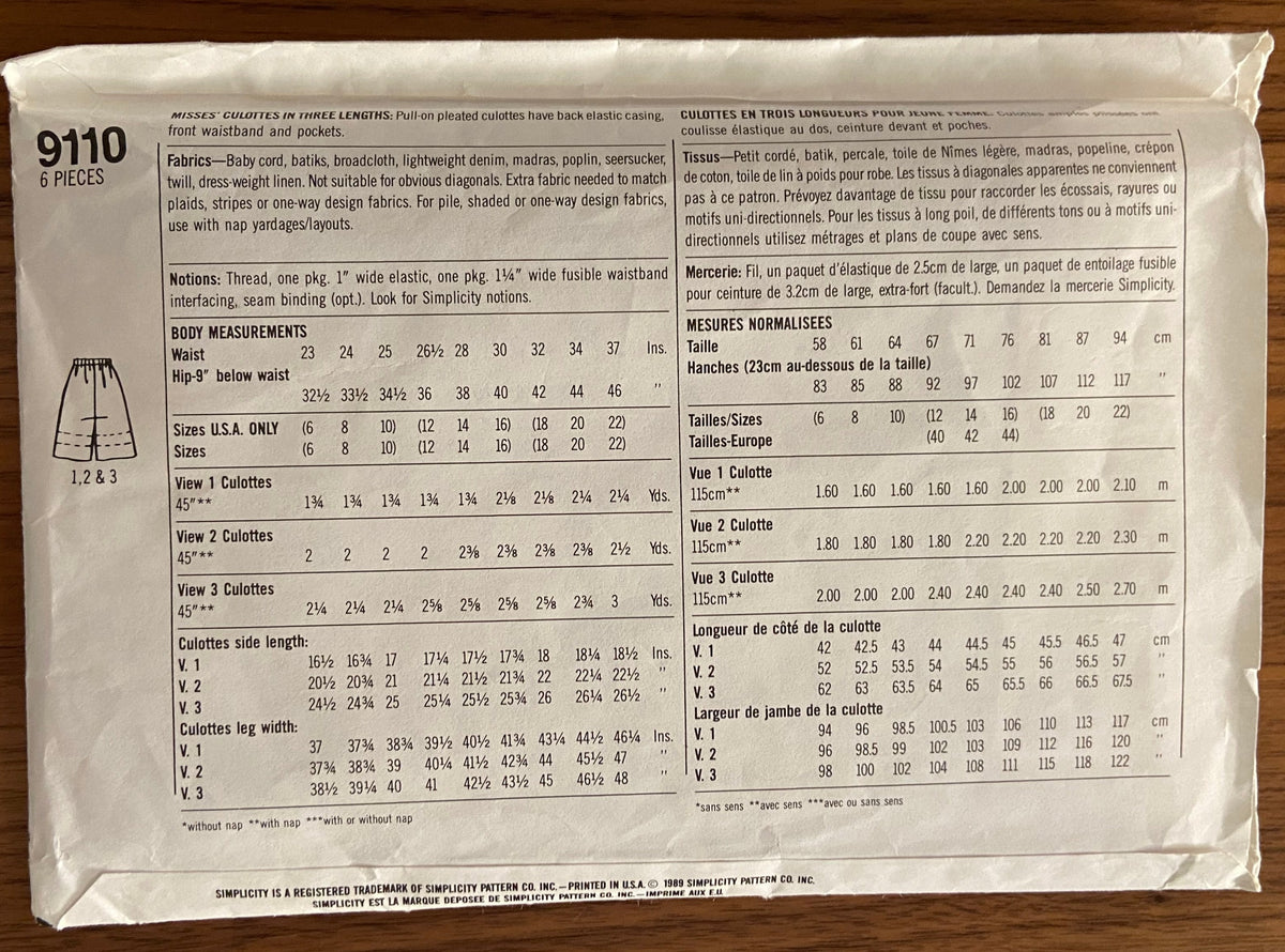 Simplicity 9110 Vintage 1980s culottes sewing pattern – the vintage ...