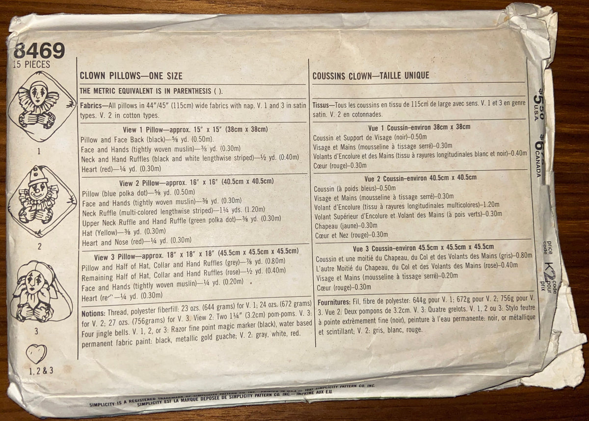 Simplicity 8469 vintage 1980s clown cushions pillows pattern. – the ...